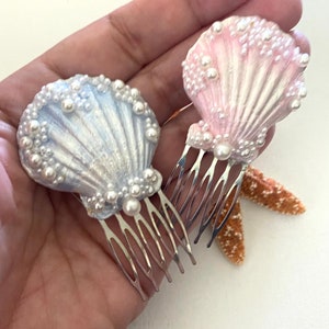 Seashell Hair Comb, Natural Shells, Painted, Pearls, Pink or Blue ...