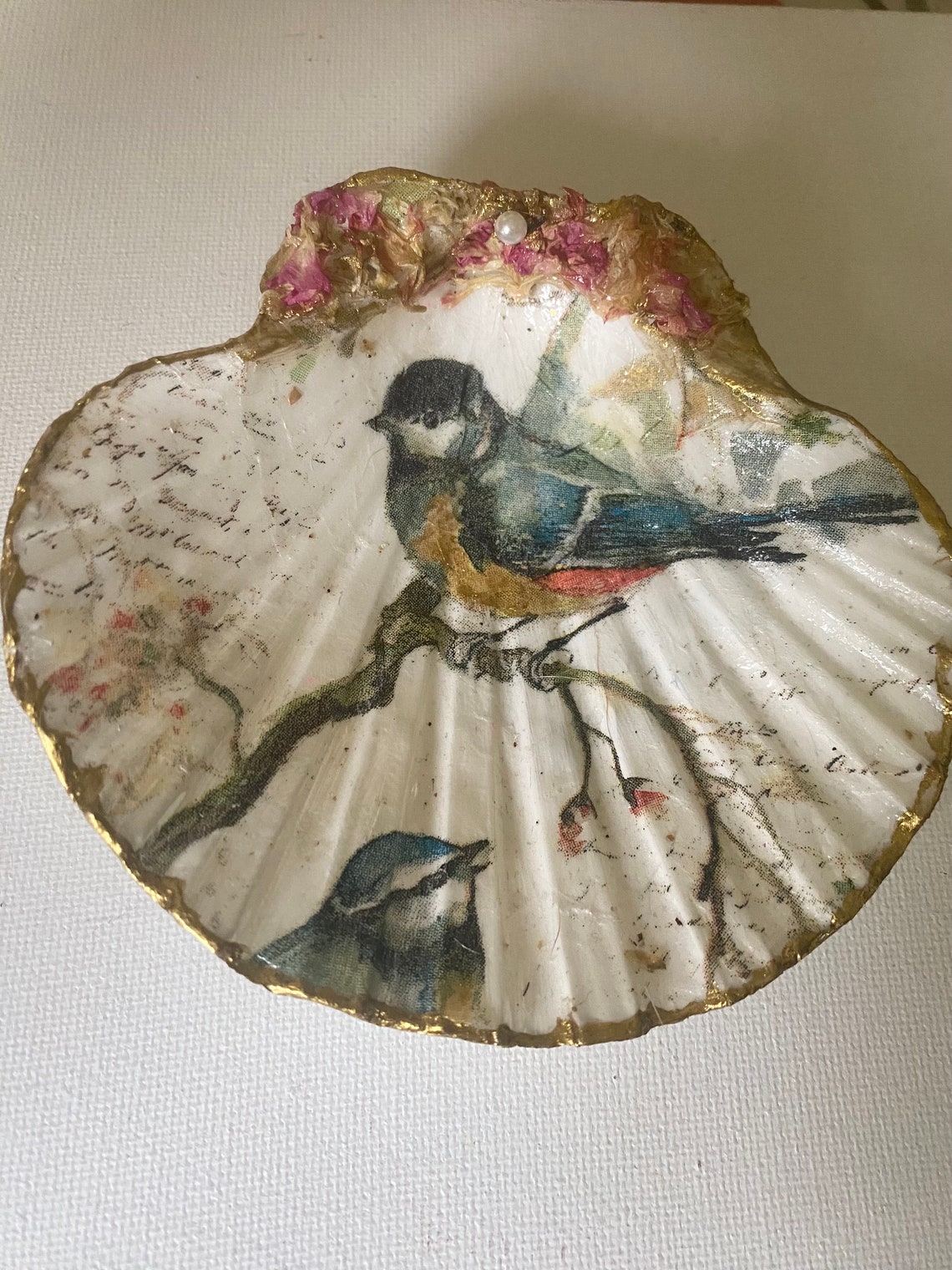 Bird Shell Trinket Dish With Dried Flowers, Decoupaged Ring Dish - Etsy