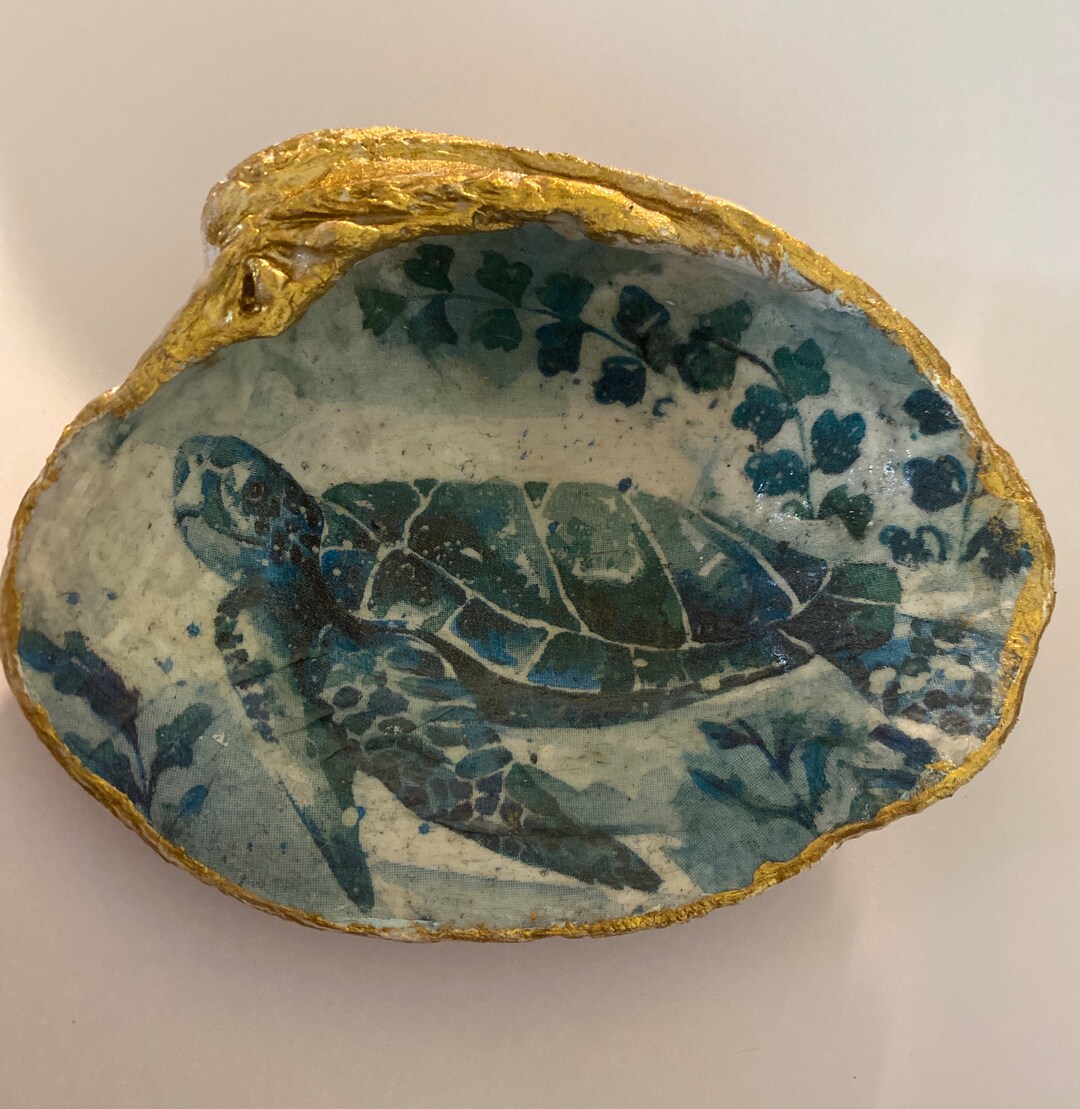 Sea Turtle Clam Shell Trinket Holder, Decoupaged Turtle Ring Dish ...