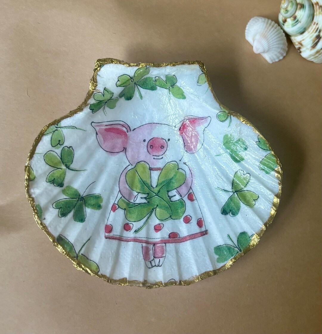 Shell Trinket Holder, Decoupaged Pink Pig, Good Luck Shamrocks Ring ...