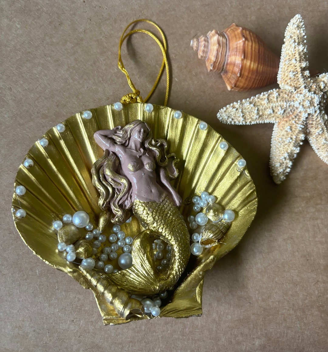 Tan Mermaid Ornament on Shell With Pearls and Seashells, Handmade ...