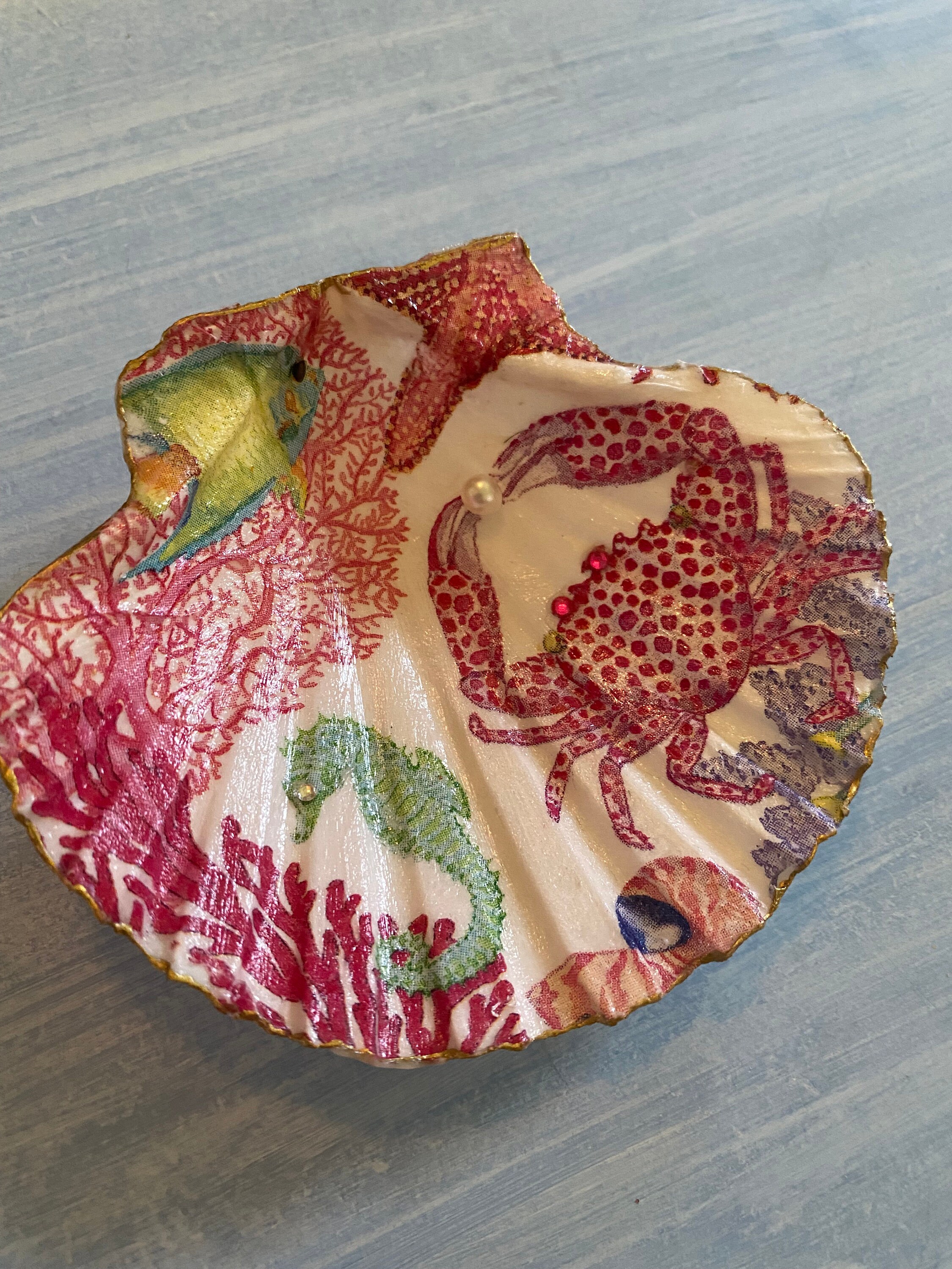 Decoupage Scallop Shell Trinket Dish, Crab Seahorse Coastal Decor - Etsy