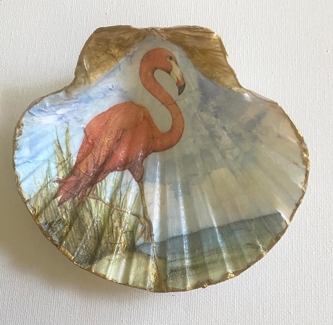 Flamingo Scallop Shell Ring Dish Jewelry/trinket Holder, Decoupaged ...
