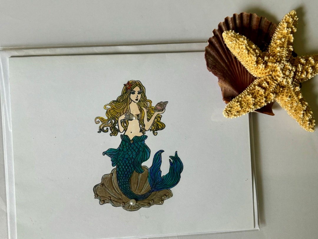 Handmade Mermaid Card, Mermaid Ocean Theme Note Card, Colored Pencils ...