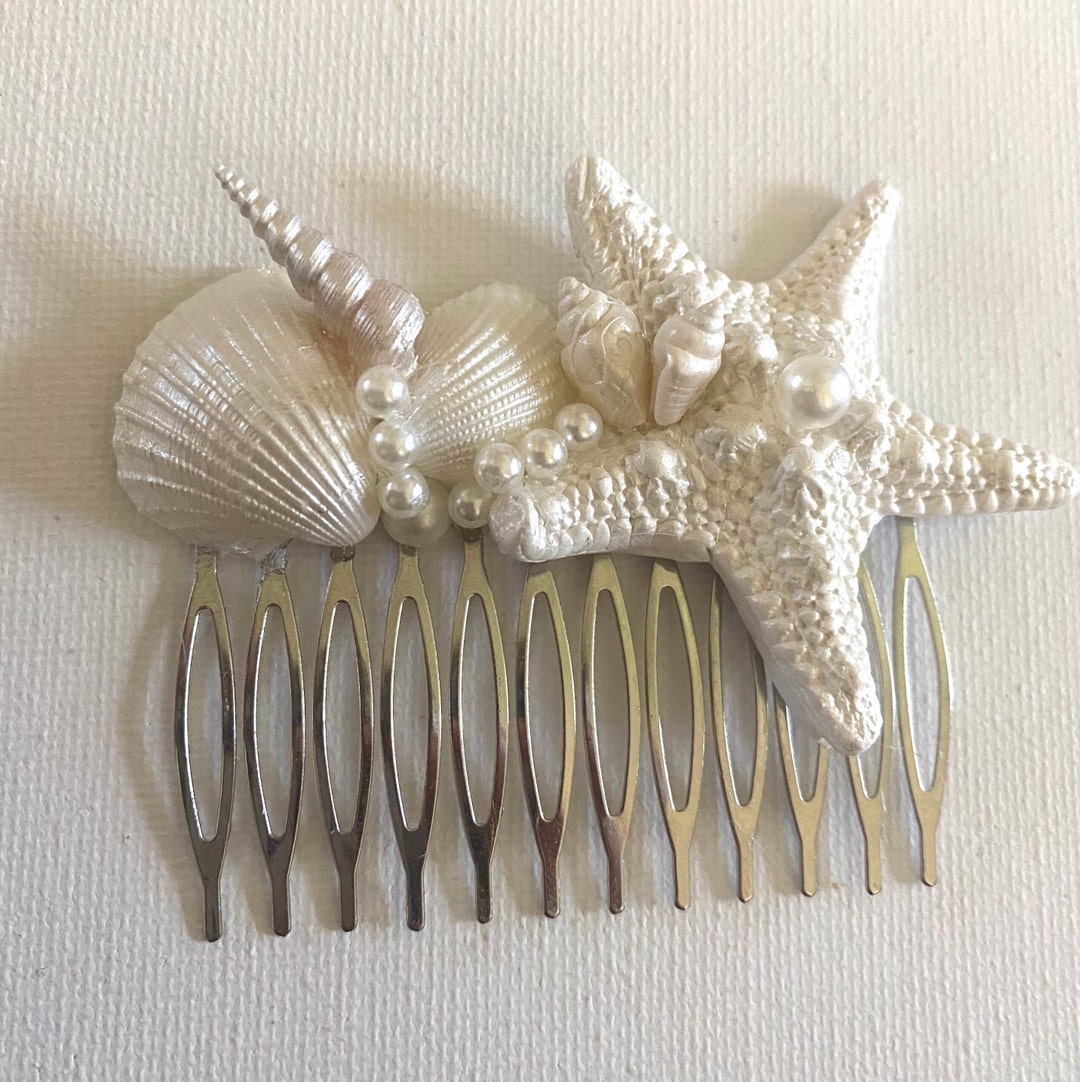 Starfish Seashells Hair Comb, Embellished With Pearls, Painted Pearl ...