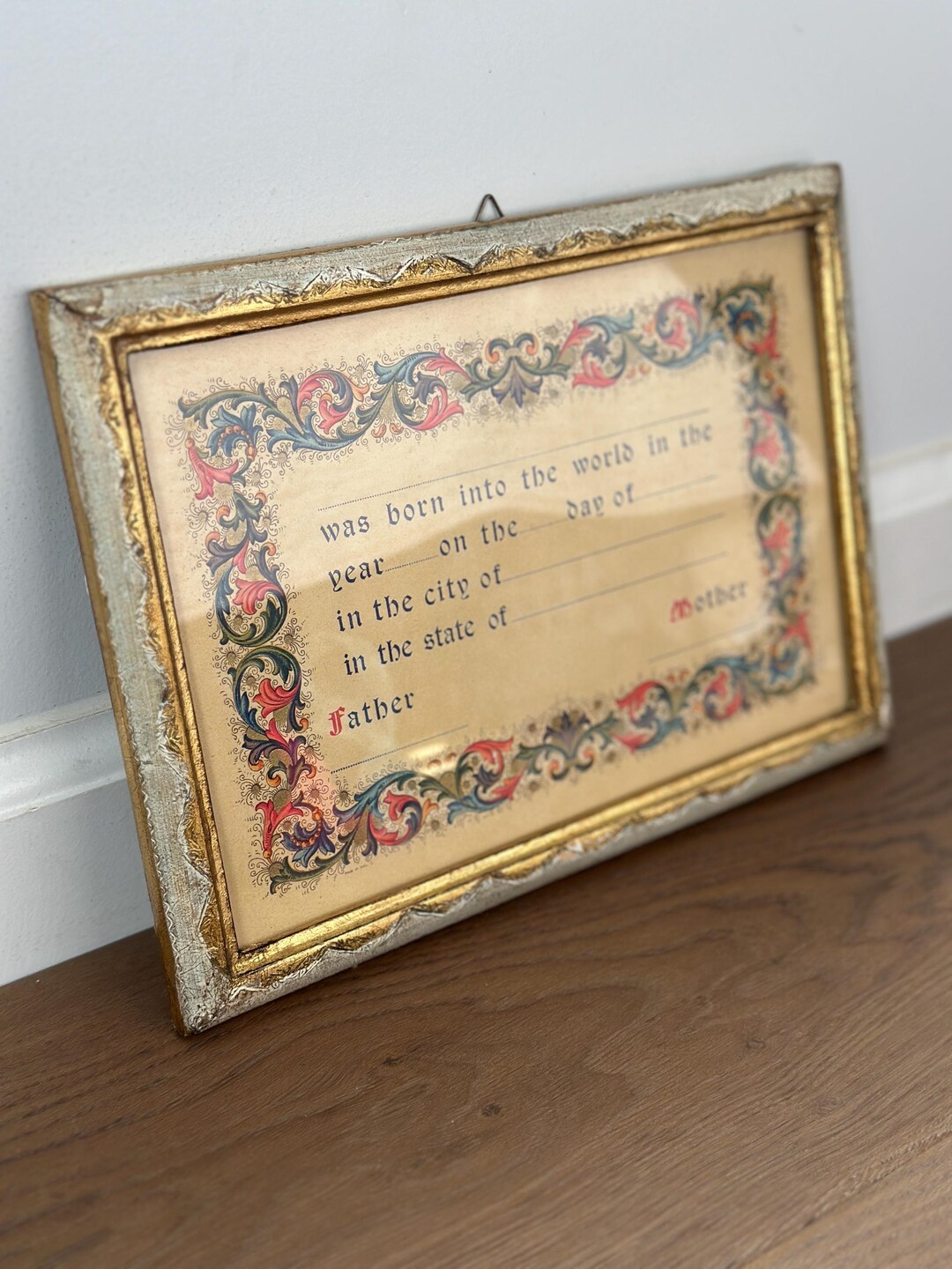 Rare Antique Italian Birth Record Certificate Art — Ornate Gilt Frame ...