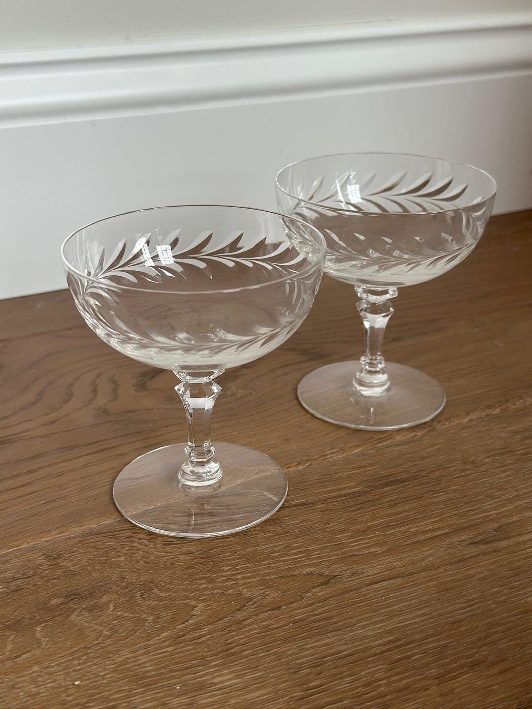 Vintage Etched Coupe Glasses | Leaf Design, Set of 2 - Etsy