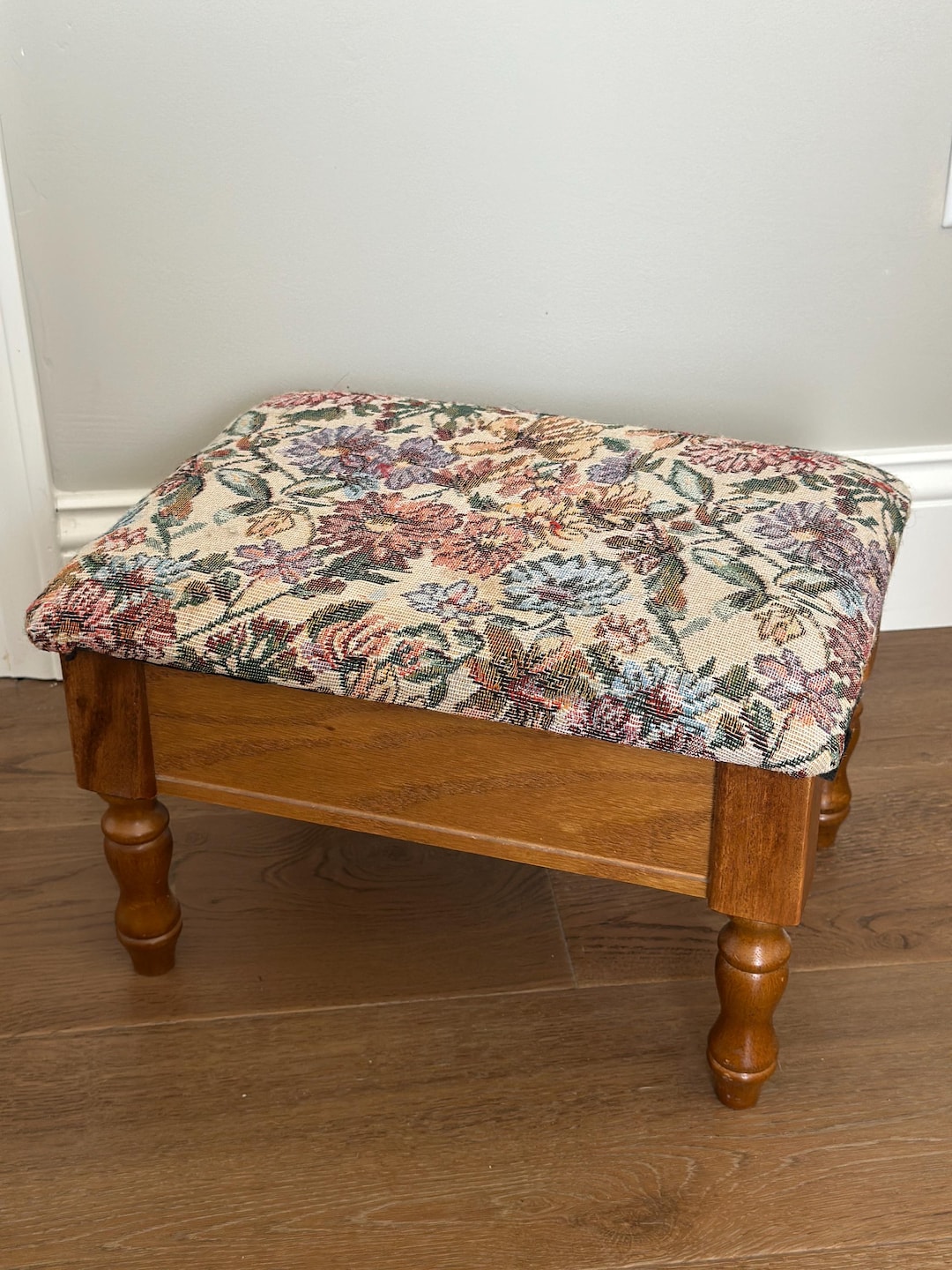 Vintage Floral Storage Ottoman Footstool | Tapestry Upholstered Wooden ...