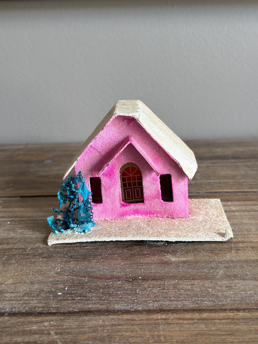 Vintage Pink Putz House – Mid Century Cardboard Christmas Village, Made ...