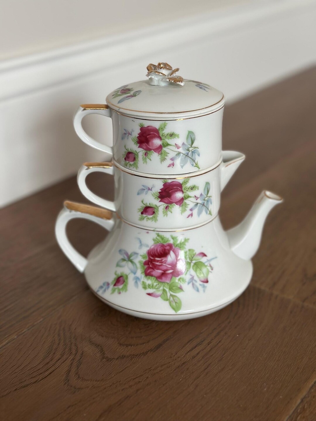 Vintage Stacked Tea Set – Floral Rose Porcelain Teapot, Creamer ...