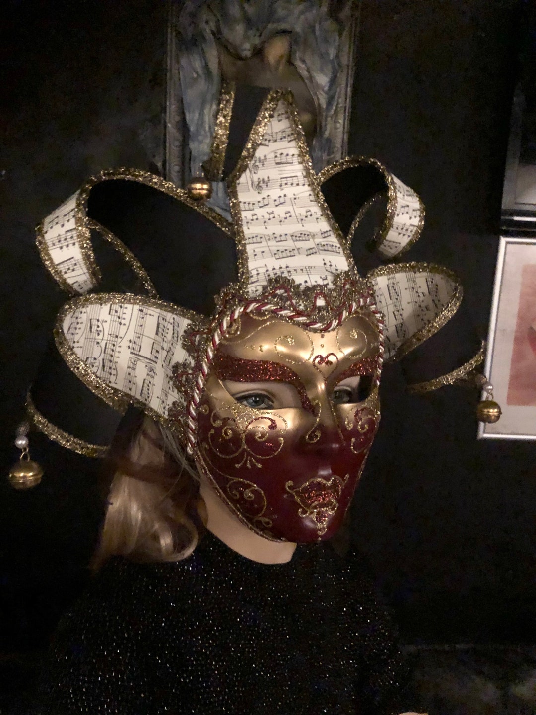 Venetian Full Face Mask With Elaborate Curled Crown Topped With Bells ...