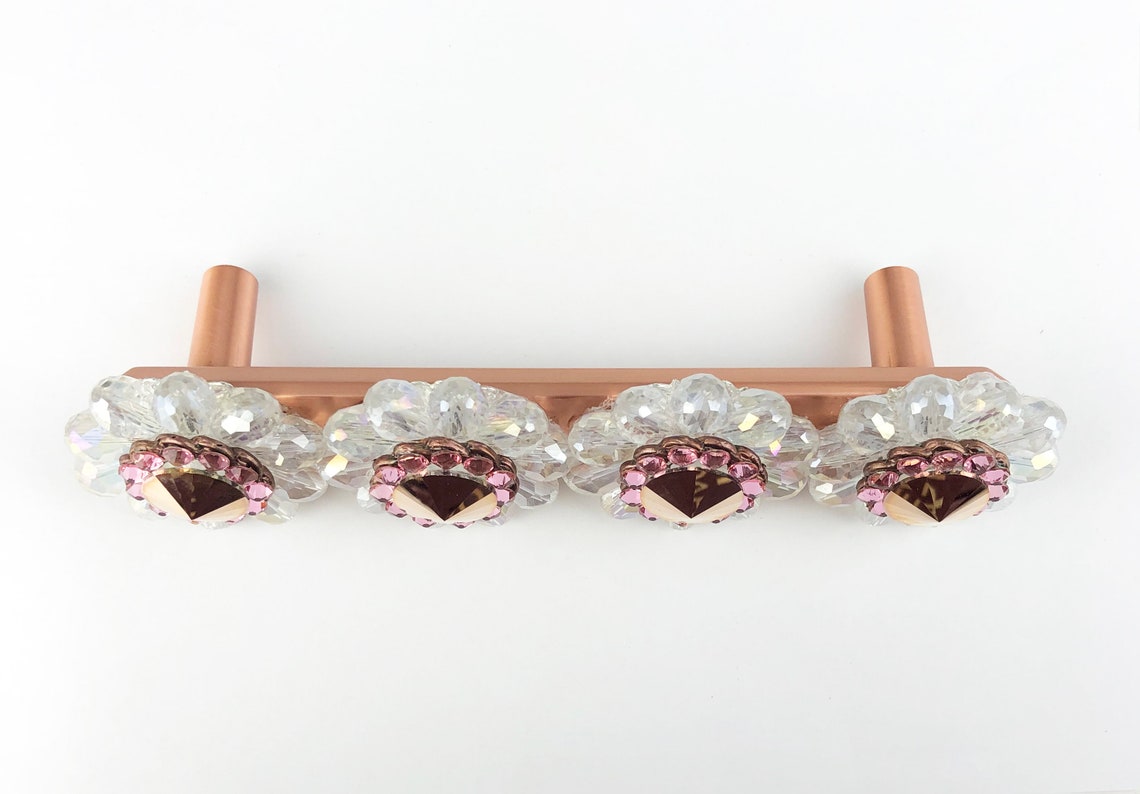 3 3/4" Unique Crystal Drawer Pull, Rose Gold Flowers Copper Cabinet ...