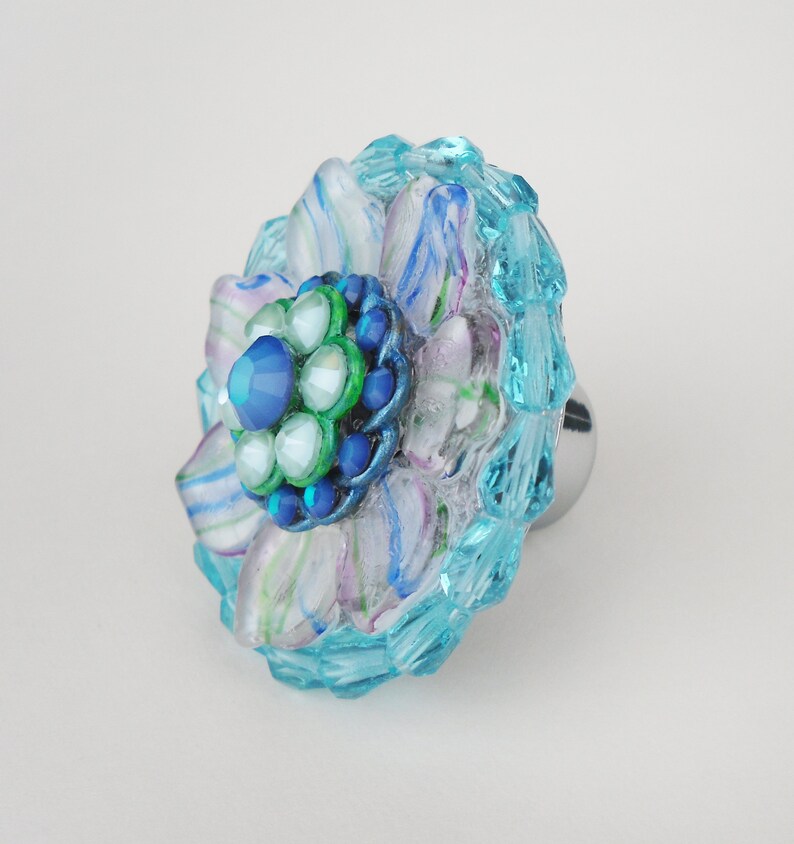Unique Cabinet Knob Crystal Teal Aqua Czech Glass Flower - Etsy
