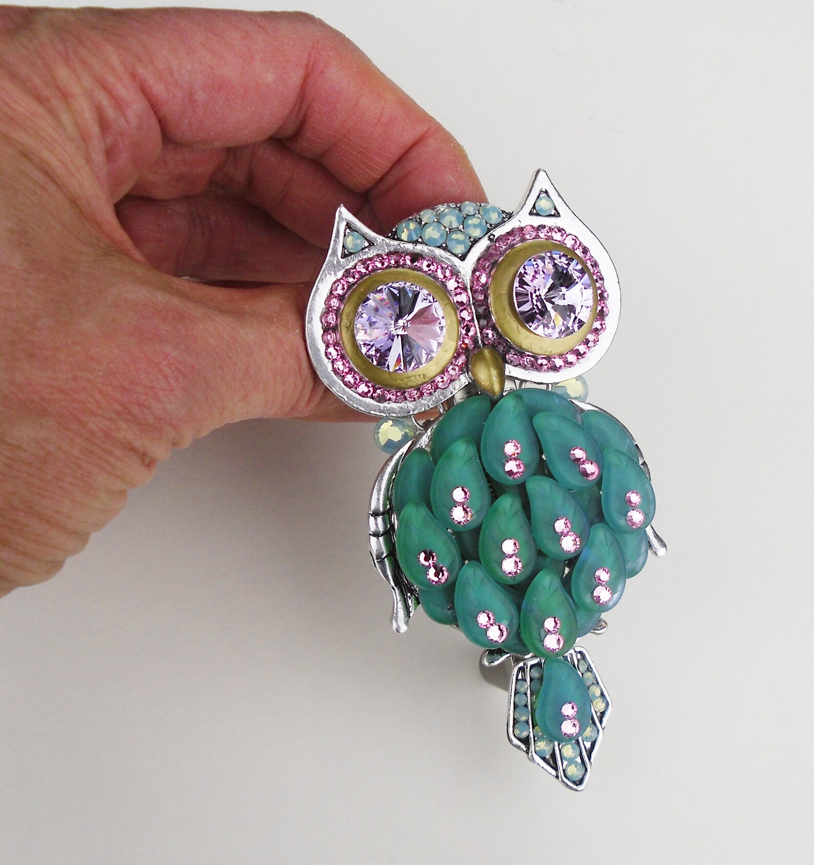 2 1/2 Inch Crystal Owl Drawer Pull; Rhinestone Beaded Cabinet Handle; 2 ...