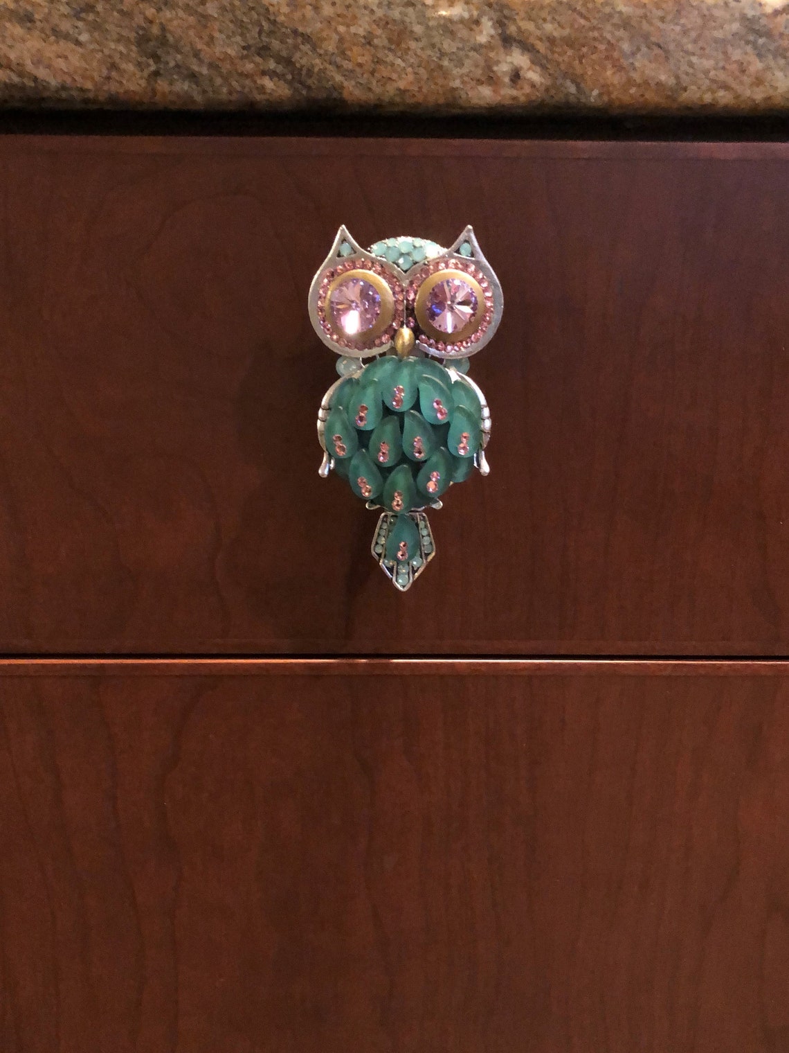 2 1/2 Inch Crystal Owl Drawer Pull; Rhinestone Beaded Cabinet Handle; 2 ...