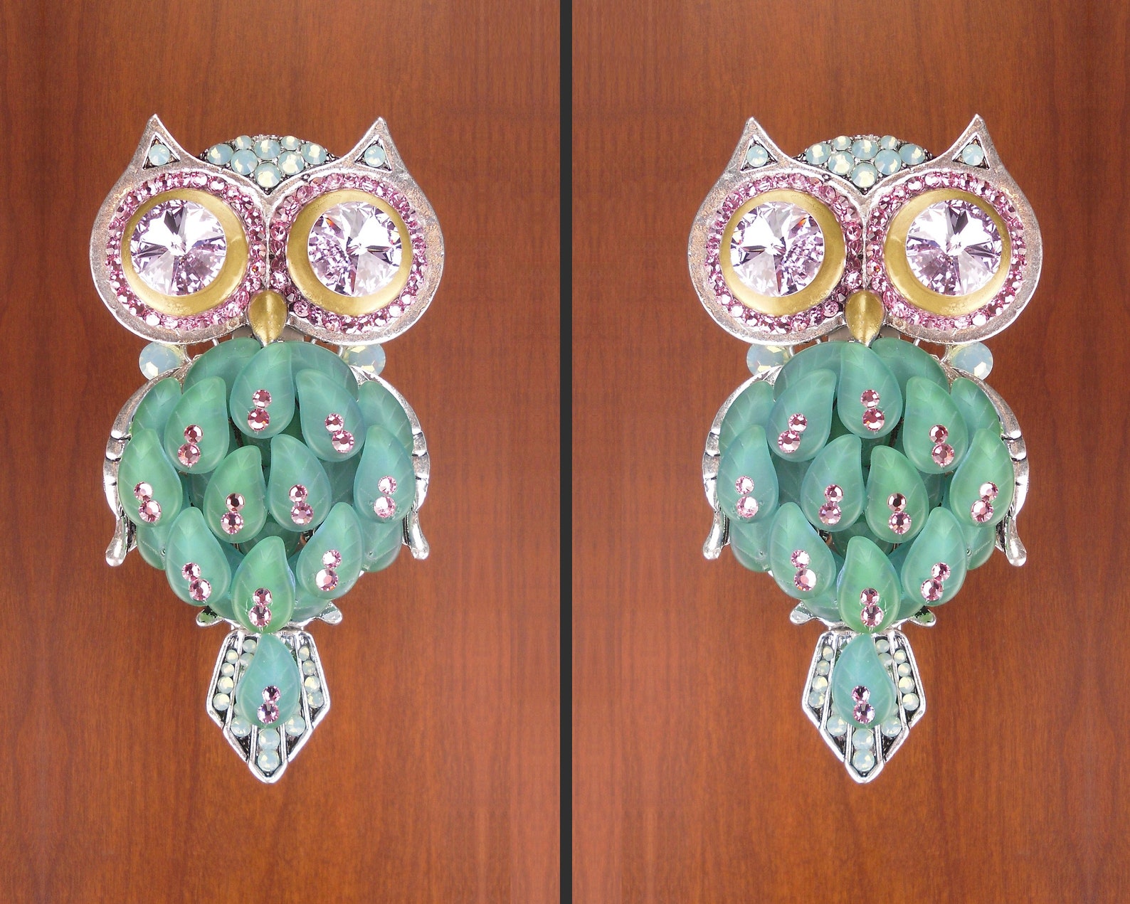 2 1/2 Inch Crystal Owl Drawer Pull; Rhinestone Beaded Cabinet Handle; 2 ...