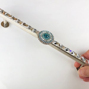 8" Aqua Crystal Drawer Pull; Polished Nickel Turquoise Cabinet Handle ...
