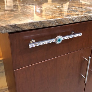 8" Aqua Crystal Drawer Pull; Polished Nickel Turquoise Cabinet Handle ...