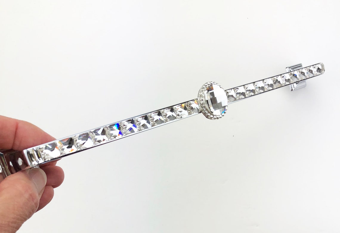 10 Crystal Drawer Pull Large Rhinestone Long Chrome - Etsy