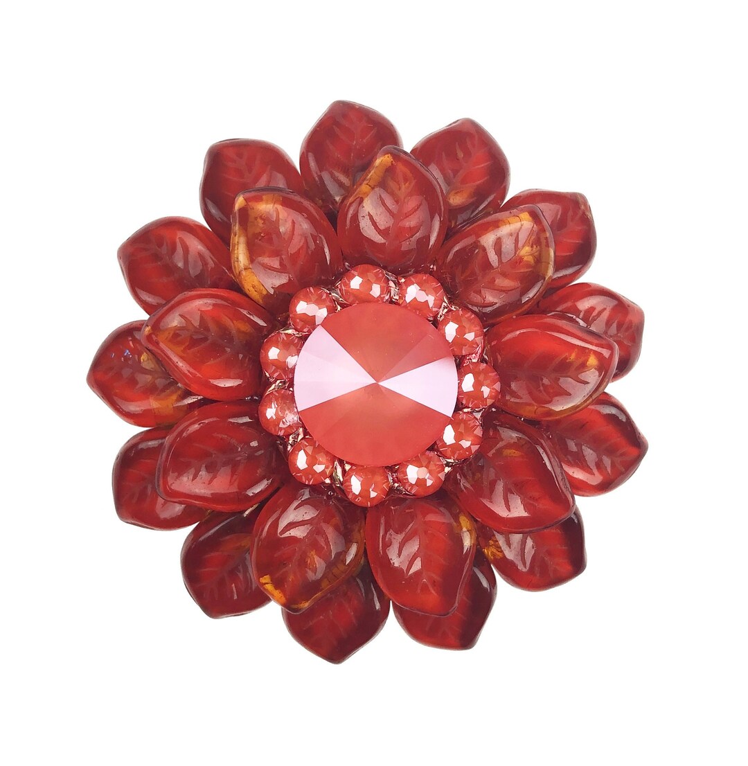 2" Unique Crystal Coral Orange Ignite Cabinet Knob; Beaded Red Flower ...