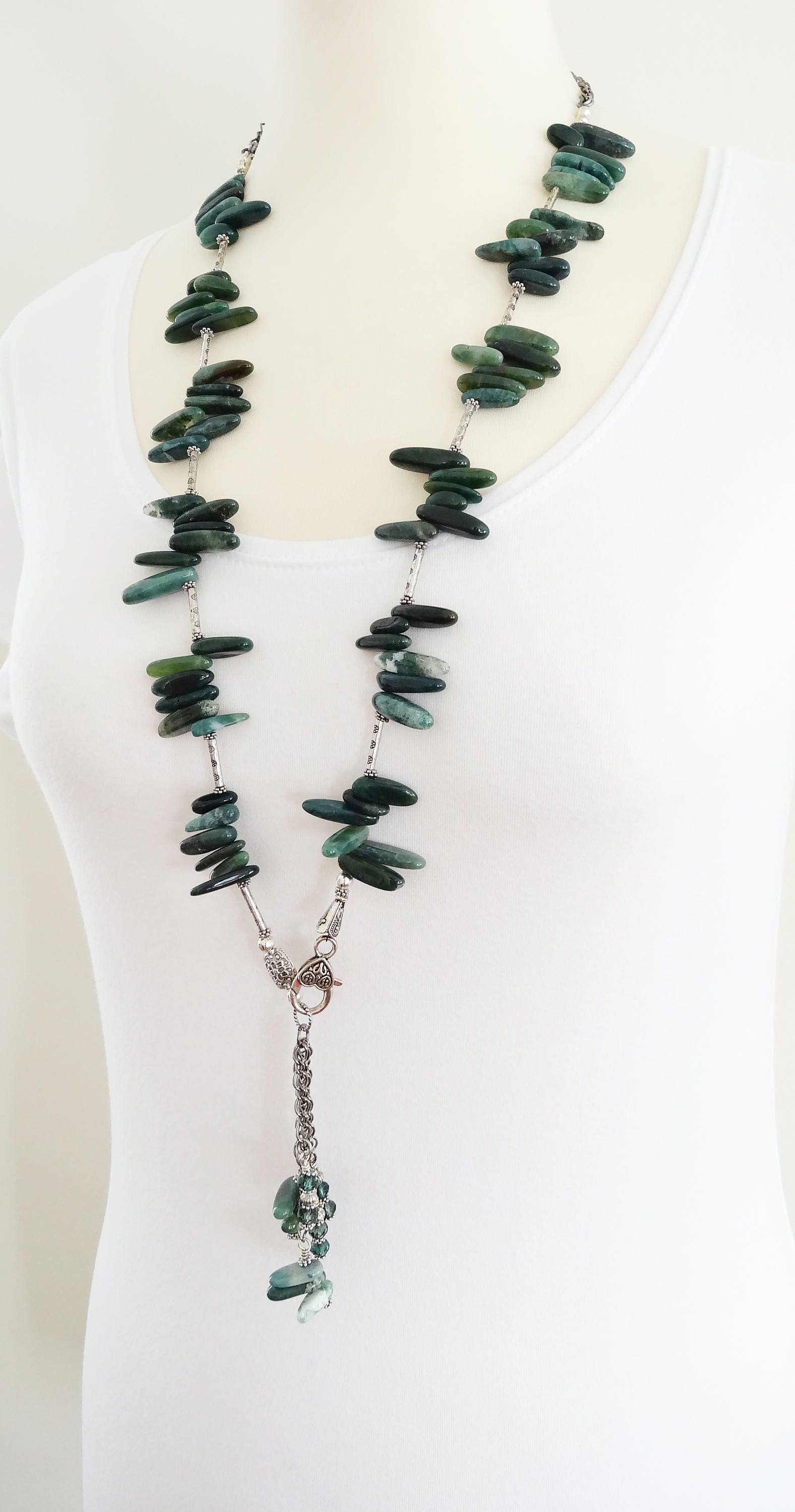 Green Necklace, Long Gemstone Necklace, Green Gemstone Necklace ...
