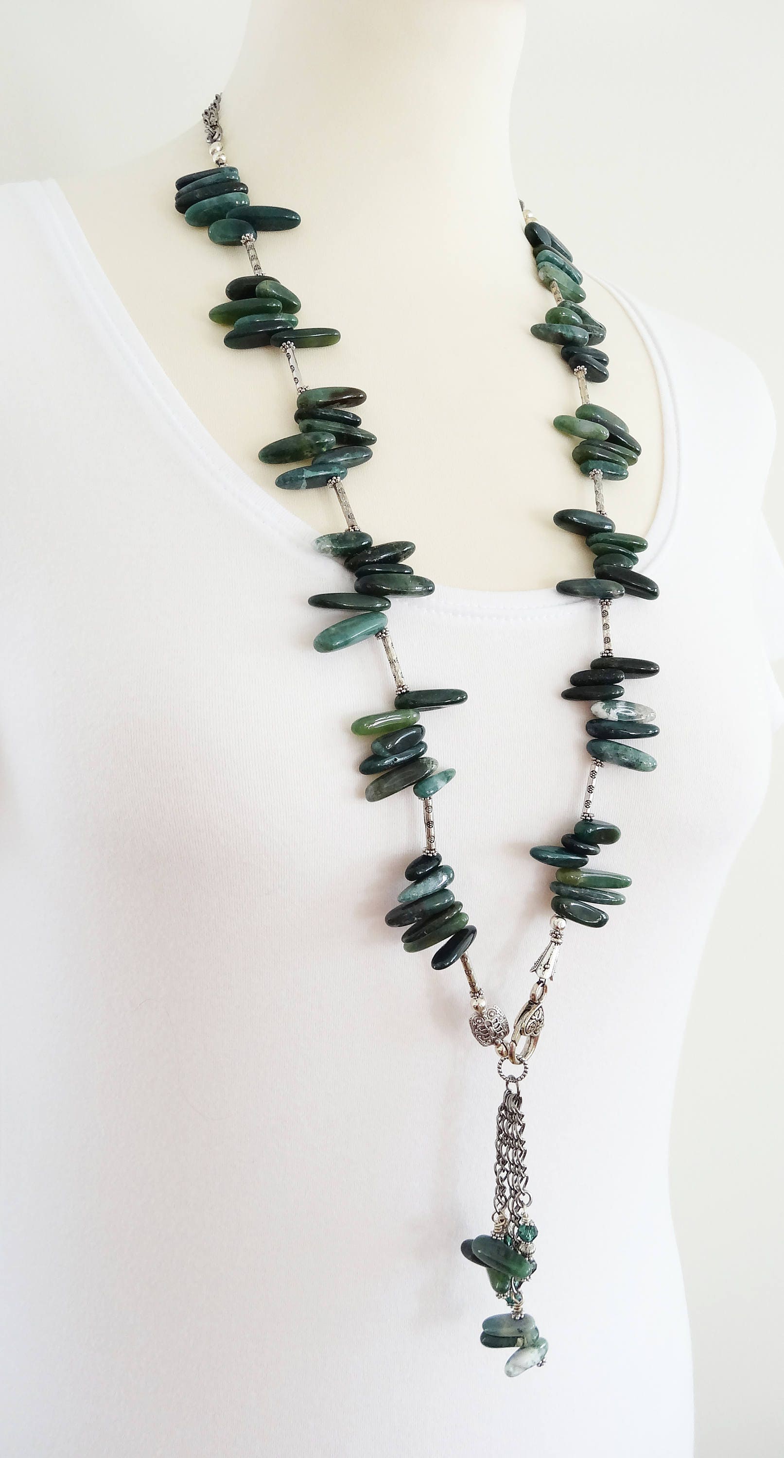 Green Necklace, Long Gemstone Necklace, Green Gemstone Necklace ...