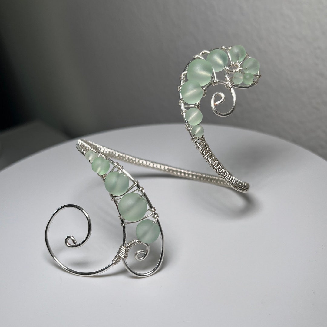 Silver Arm Cuff Swirly Green Glass Beads Arm Band Wire Wrapped ...