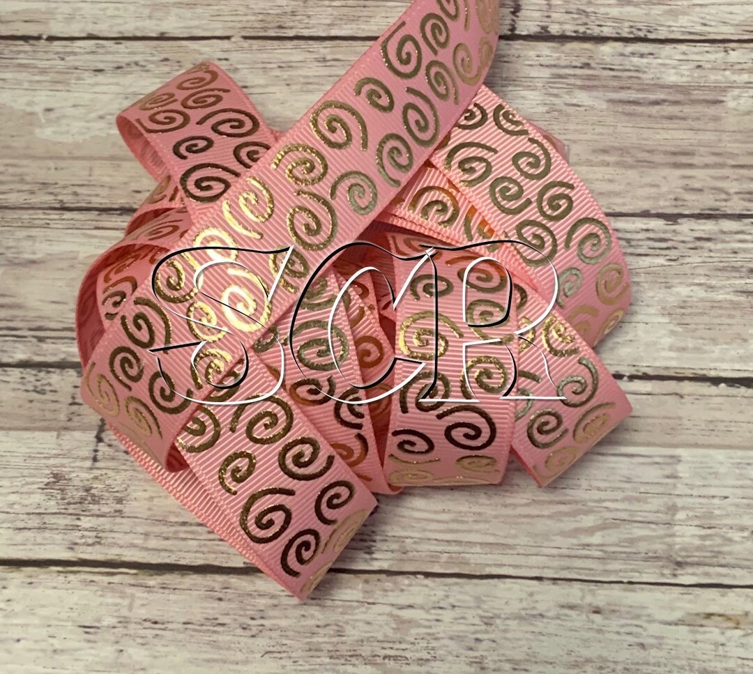 Gold Metallic Wonky Swirl, Light Pink Grosgrain, 7/8 Inch Ribbon ...