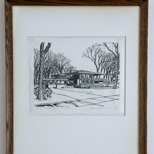 RENDERING of Frank Lloyd Wright's ROBERTS HOUSE - B/W Woodblock Print ...