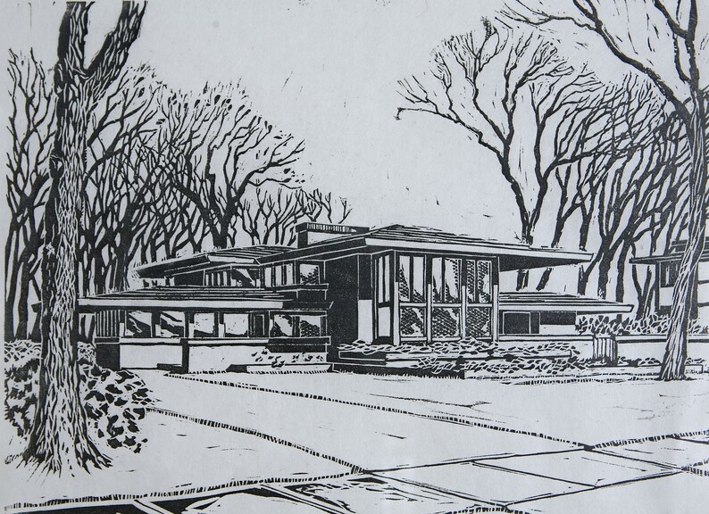 FRANK LLOYD WRIGHT'S Roberts House Rendering - B/W Woodblock Print ...