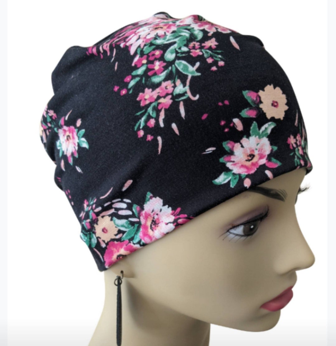 Black Flower Chemo Cap, Cancer Beanie, Sleep, Casual, All Season ...