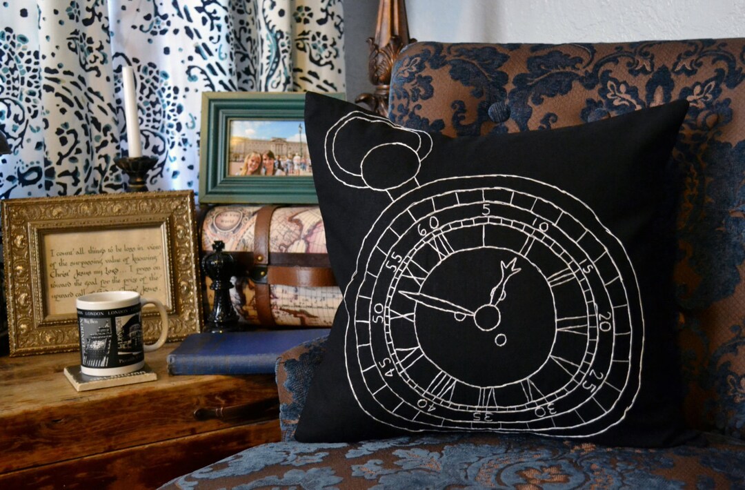 Vintage Pocket Watch Pillow Cover Hand Embroidery Wonderland Decor ...