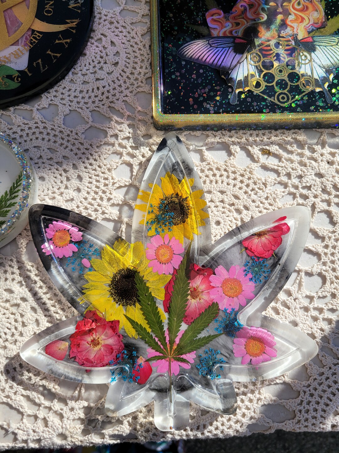 Flower Power Psychedelic Rolling Tray, Pot Leaf, Resin Art, Selenite ...
