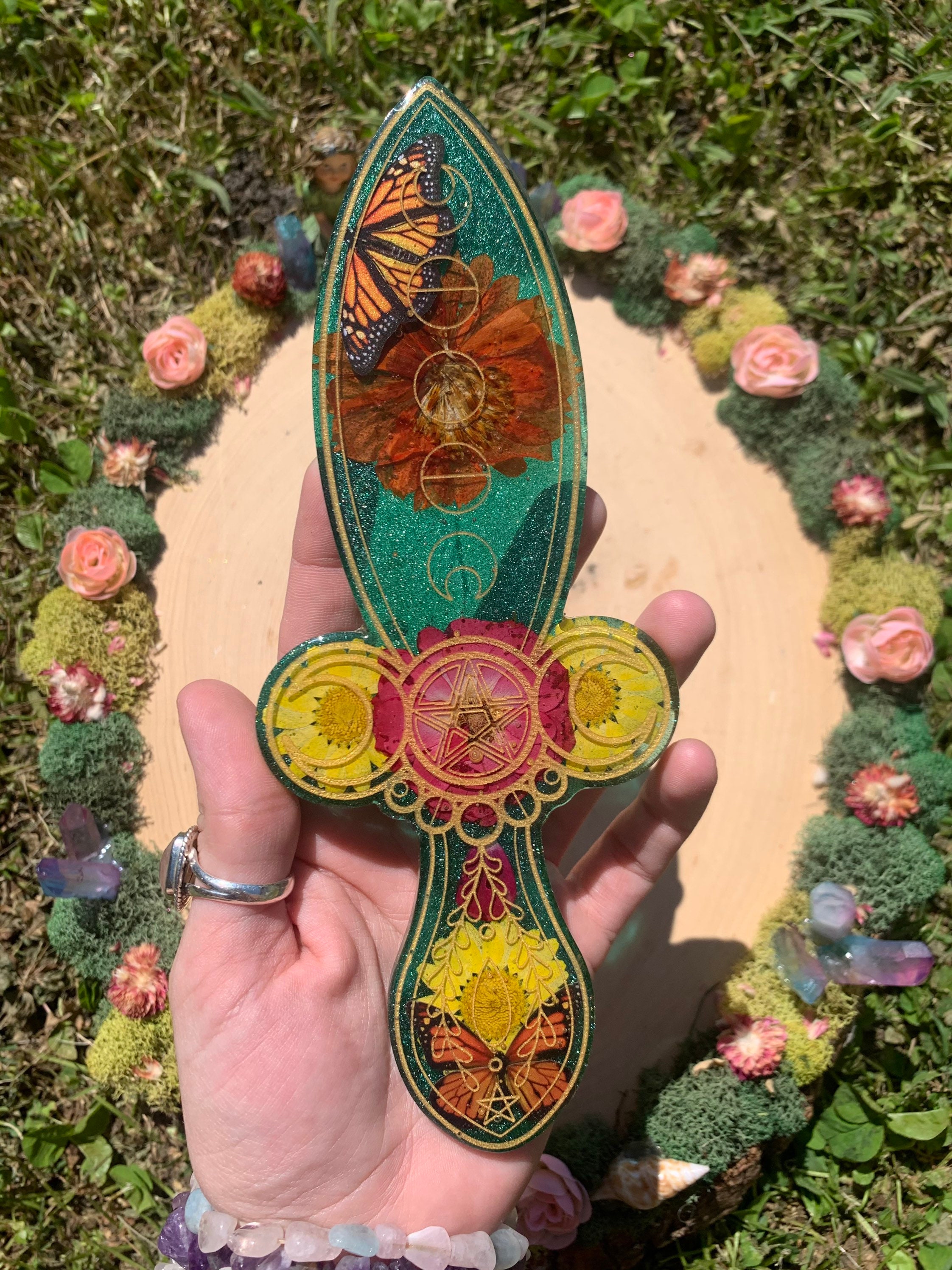 Forest Green Godess Dagger With Dried Flowers Monarch - Etsy Australia