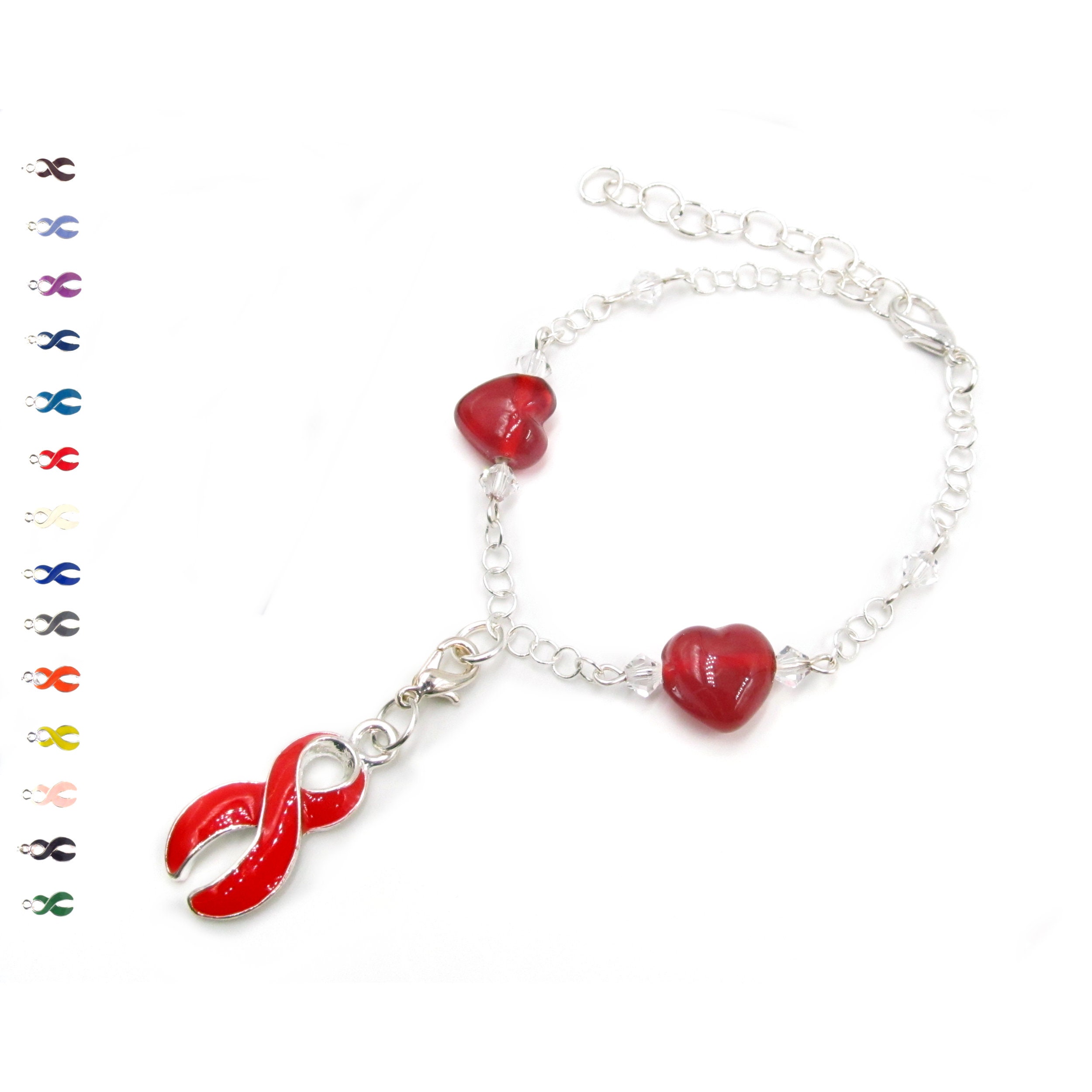 Red Heart and Silver Chain Delicate Inspirational Bracelet W/ Cancer ...