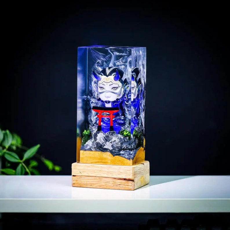 Girl Oni Mask and Torii Gate Epoxy Resin Wood Lamp Night Light Unique ...