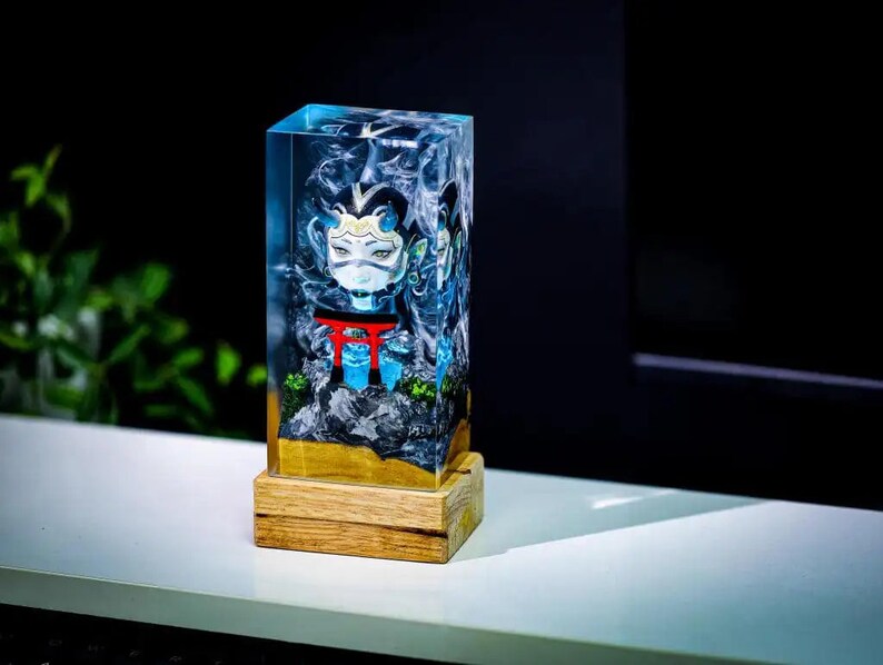 Girl Oni Mask and Torii Gate Epoxy Resin Wood Lamp Night Light Unique ...