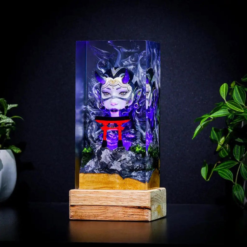 Girl Oni Mask and Torii Gate Epoxy Resin Wood Lamp Night Light Unique ...