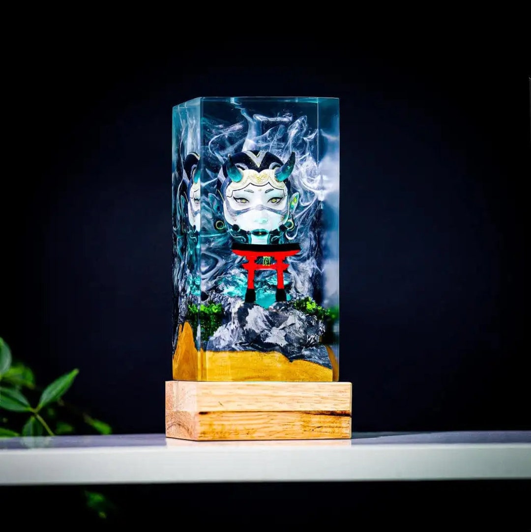Girl Oni Mask and Torii Gate Epoxy Resin Wood Lamp Night Light Unique ...