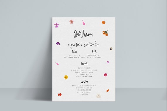 INSTANT Bar Menu Look of Custom Pressed Flowers Wild | Etsy