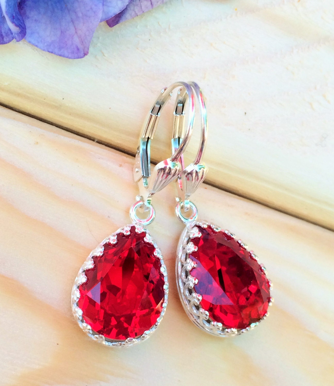 Ruby Red Swarovski Crystal Pear Drop Earrings, Silver Bezel Set ...