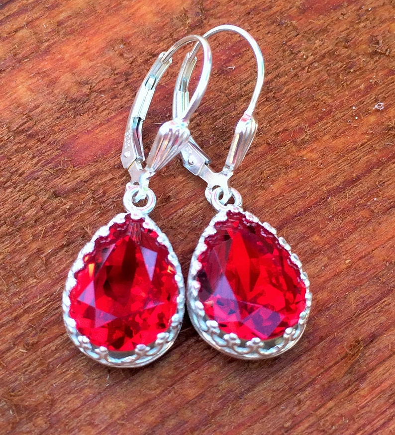 Ruby Red Swarovski Crystal Pear Drop Earrings, Silver Bezel Set ...