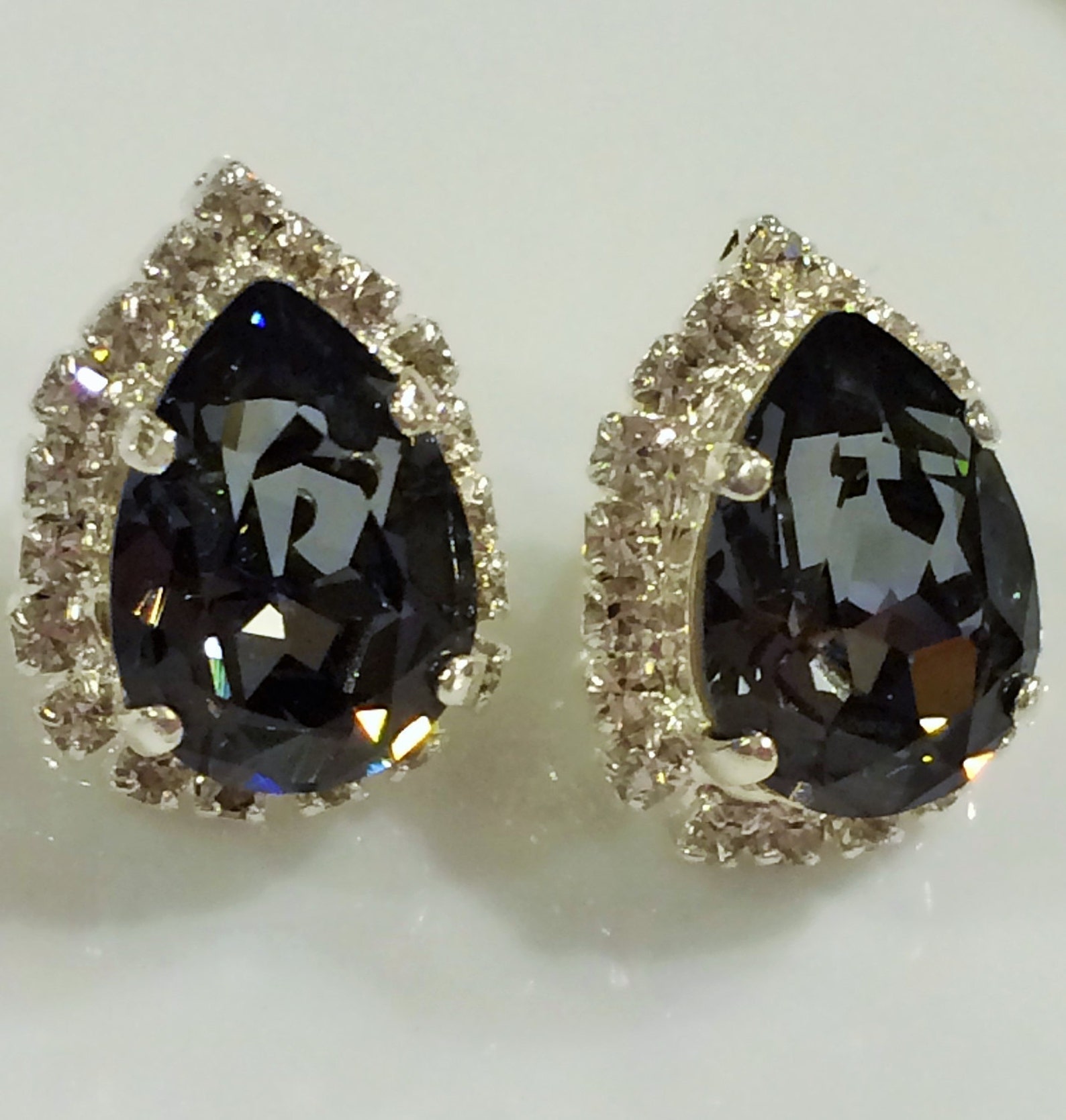 Silver Night Swarovski Crystal Earring Posts, Charcoal Black Pear Shape ...