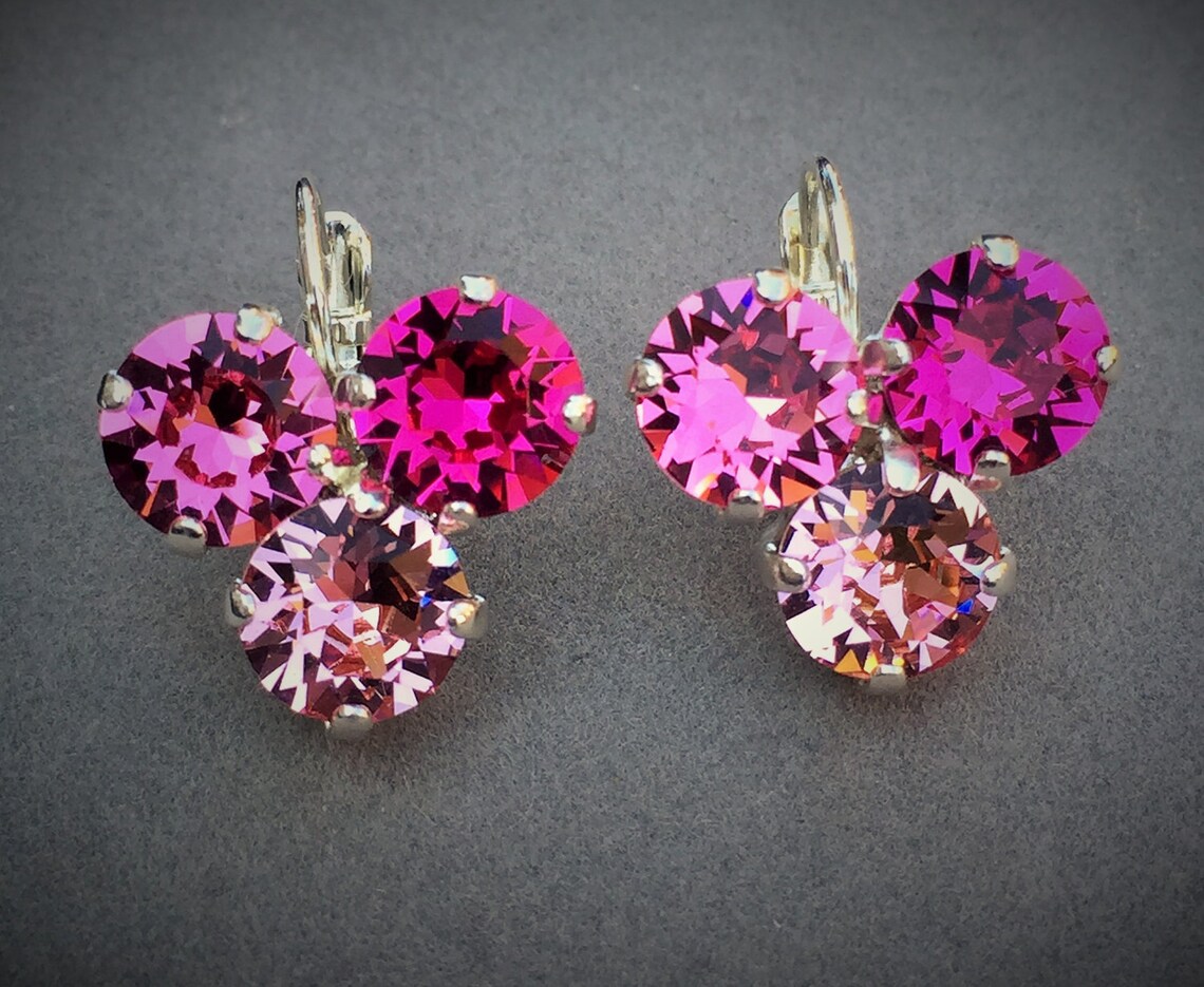 Pink Sparkle Cluster Earrings Swarovski 8mm Crystal Chatons In Light