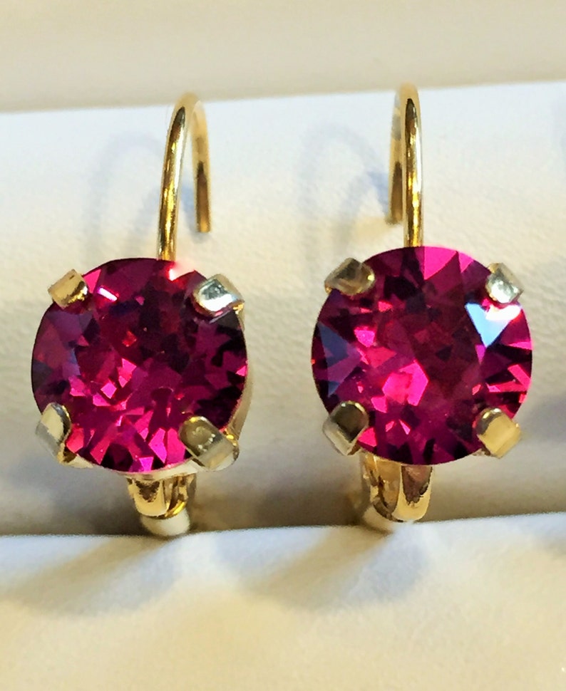 Fuchsia Swarovski Crystal Earrings, Dark Pink 8mm Round Chaton Prong Set in Antique Silver ...