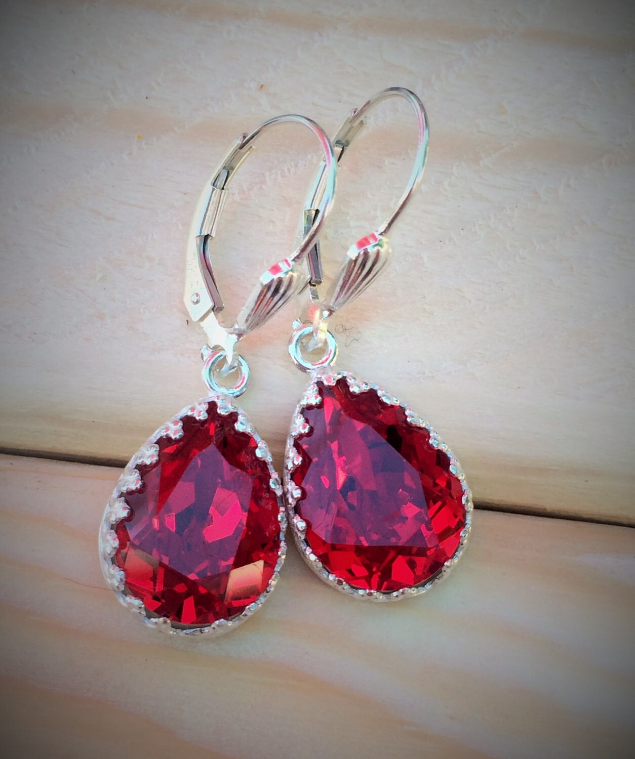 Ruby Red Swarovski Crystal Pear Drop Earrings, Silver Bezel Set ...