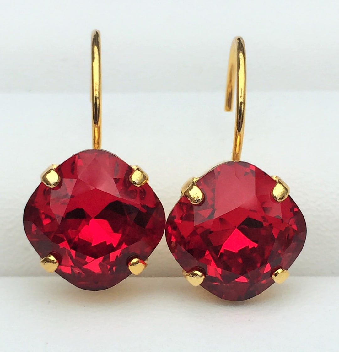 Siam Red Swarovski Crystal Earrings, Red 10mm Square Crystal Prong Set ...