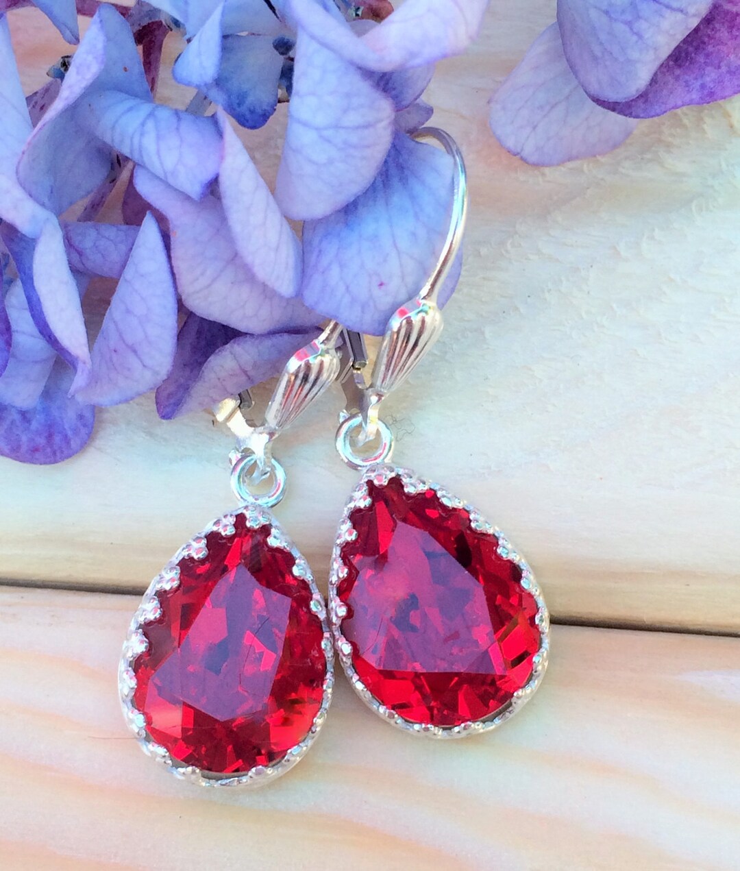Ruby Red Swarovski Crystal Pear Drop Earrings, Silver Bezel Set ...