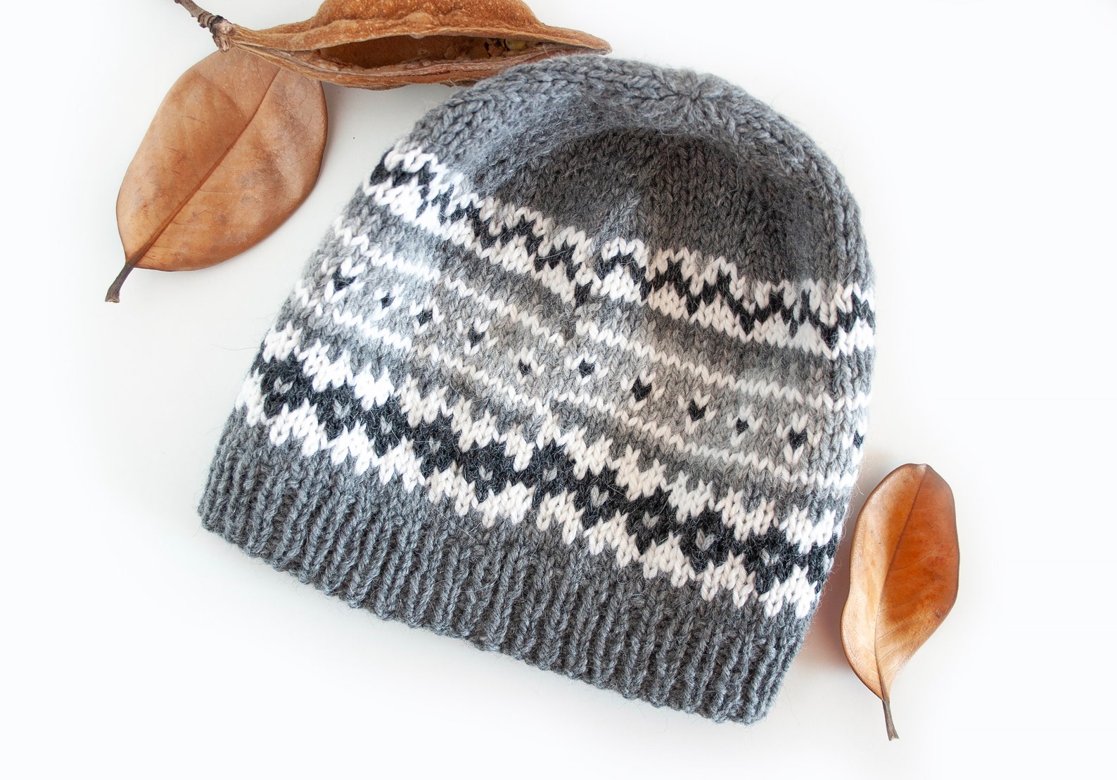 Grey Fair Isle Knit Hat Pattern Adult and Kid Hat Knitting | Etsy