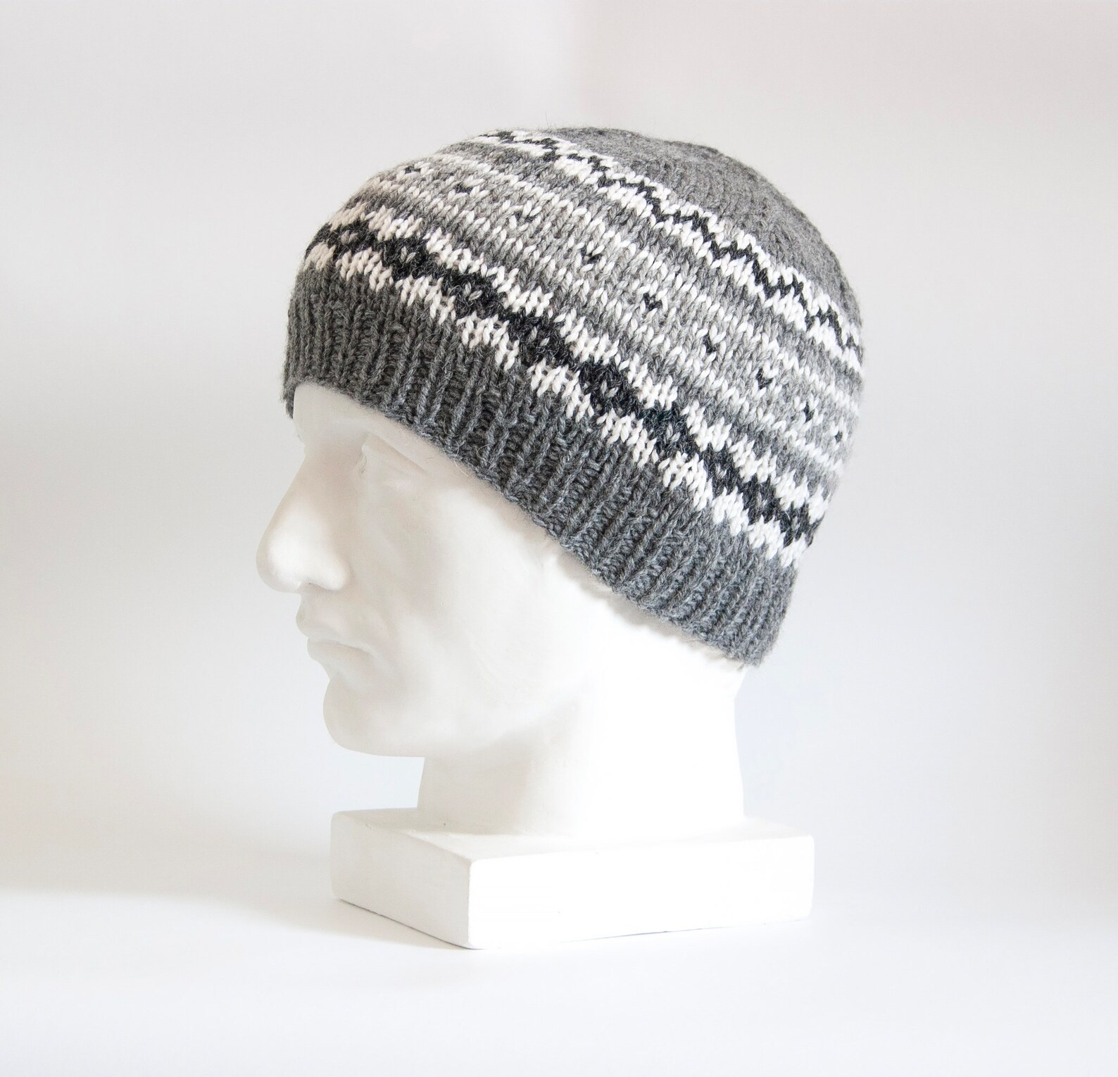 Grey Fair Isle Knit Hat Pattern Adult and Kid Hat Knitting | Etsy